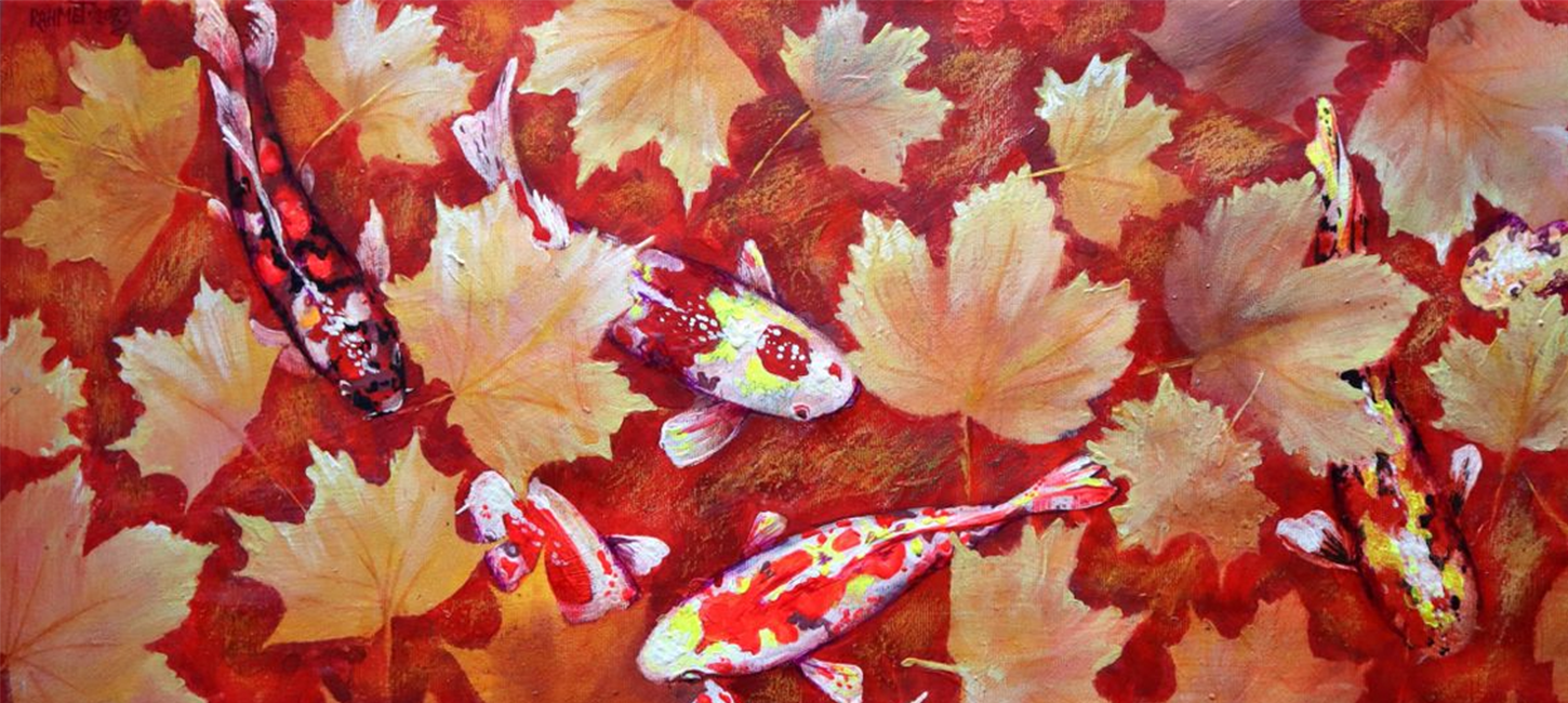 Yello Leaves and Colored Koi Fish in Red Bottom Pool. – 世界アートの扉
